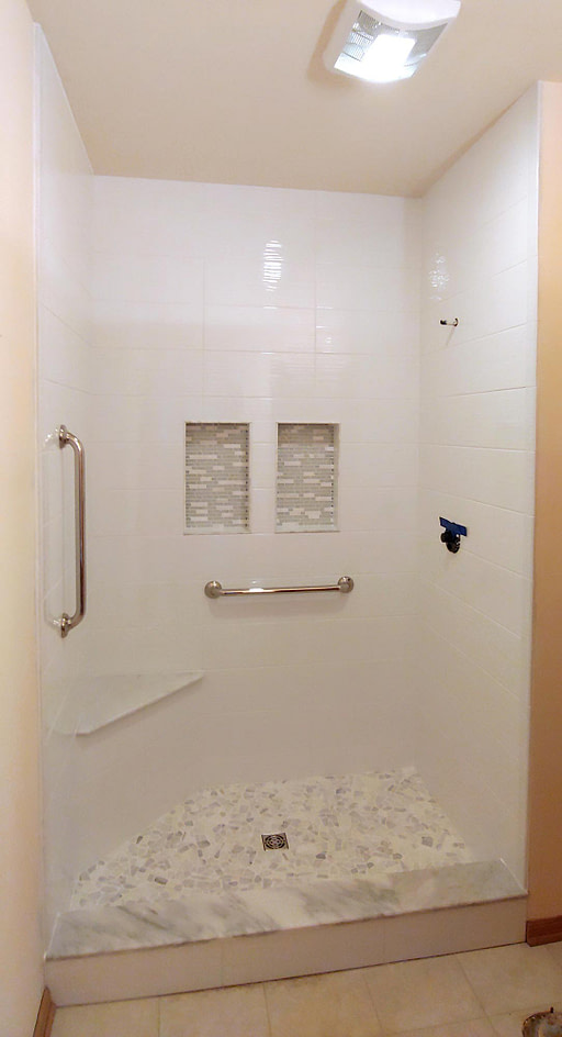 Complete Walk-in Shower with Bright White Tile and Mosaic Inserts ...